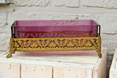 Antique French brass empire amethyst glass bowl centerpiece cornucopia ...