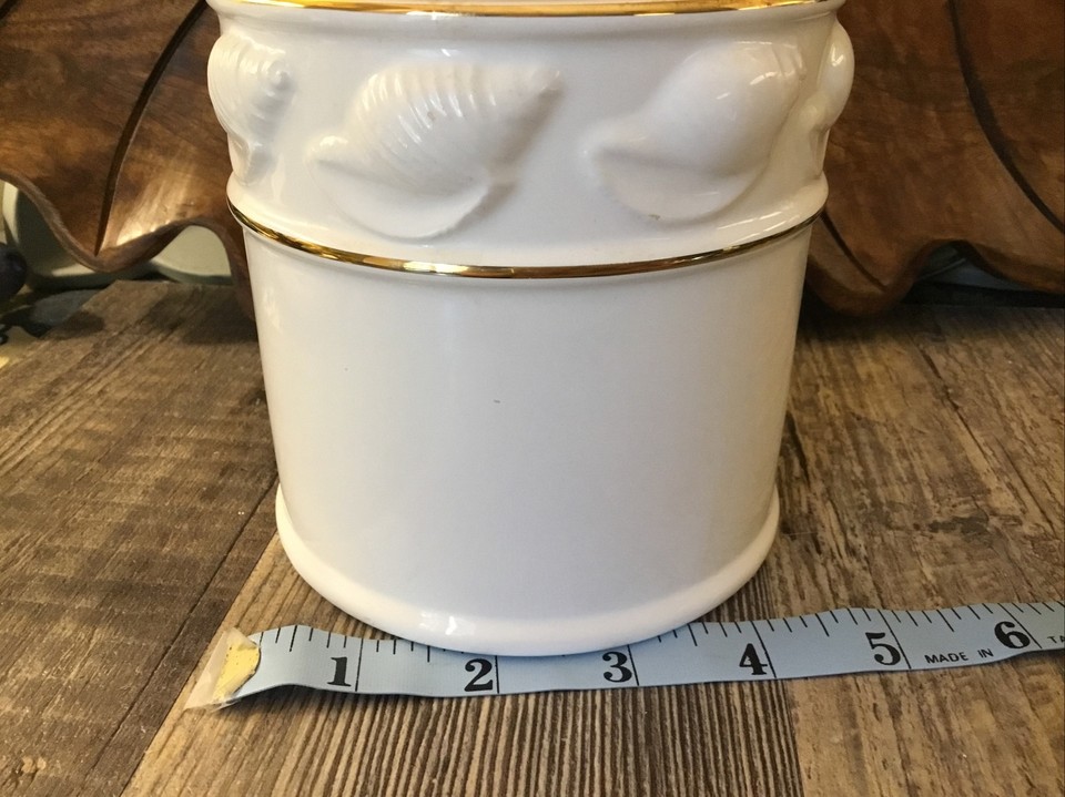 BEN RICKERT Round Canister Planter Sea Shells Gold Trim Off White ...