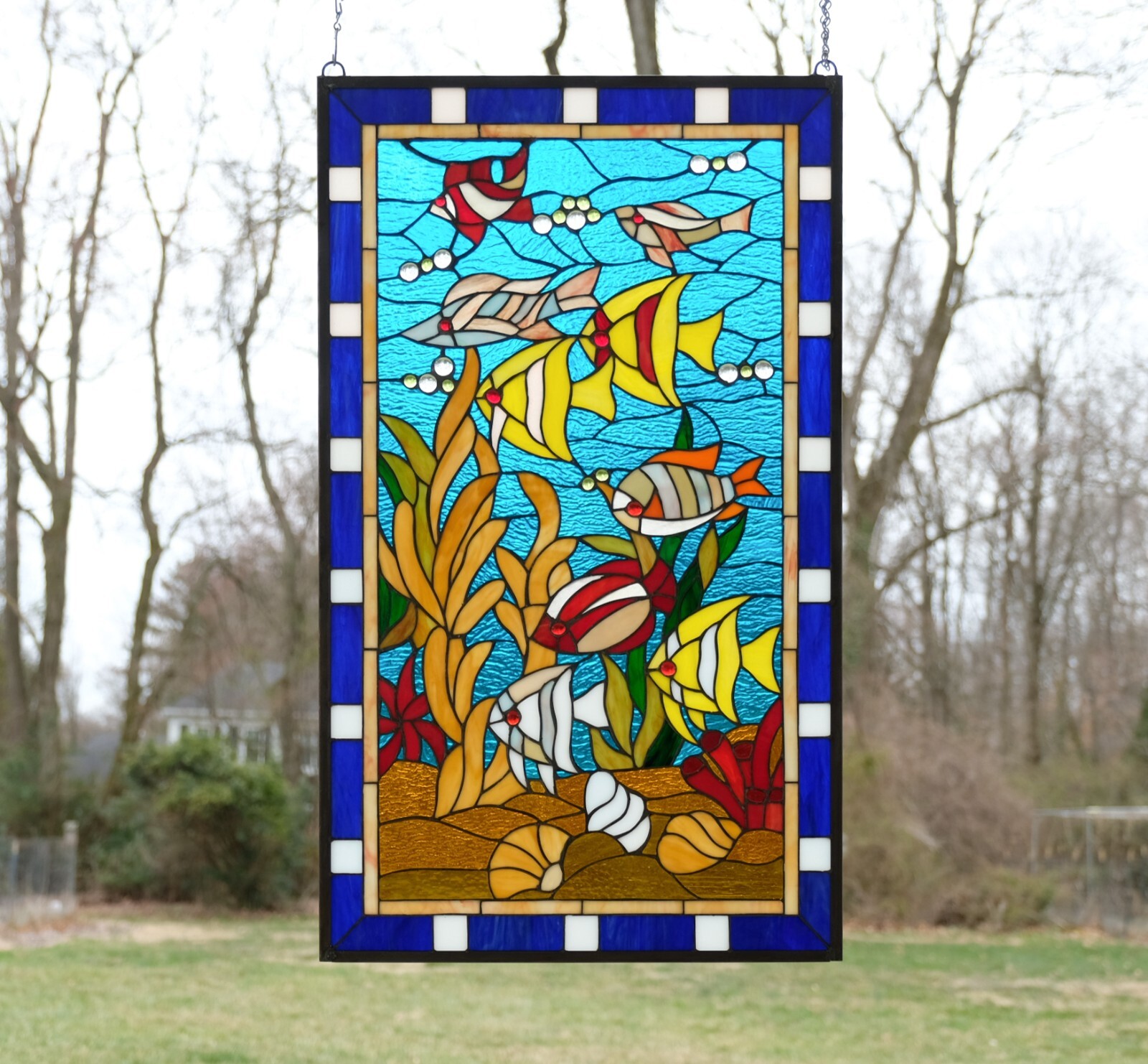 20.5" x 34.75" Fish under the Sea Handcrafted stained glass window ...