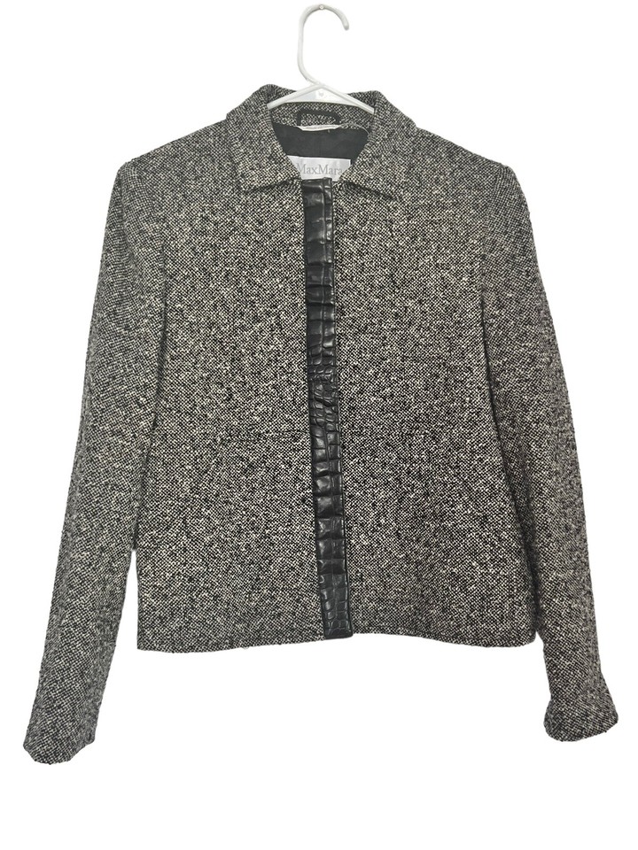 MAX MARA ITALY BLACK WHITE TWEED WOOL LEATHER TRIM JACKET SNAP BLAZER ...