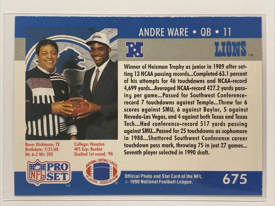 1990 Pro Set Andre Ware Football Card Detroit Lions #675 Rookie RC | eBay