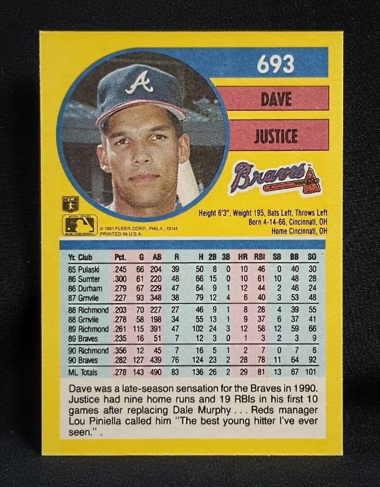 Dave Justice 1991 Fleer #693 Atlanta Braves MLB Baseball | eBay