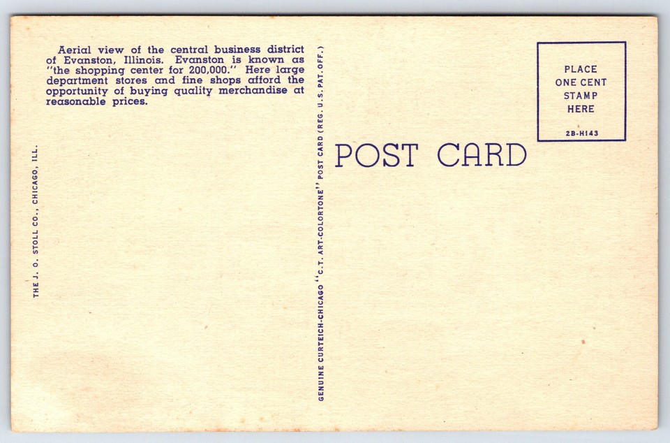 Postcard IL, AERIAL VIEW OF EVANSTON BUSINESS SECTION, Linen c1940's ...