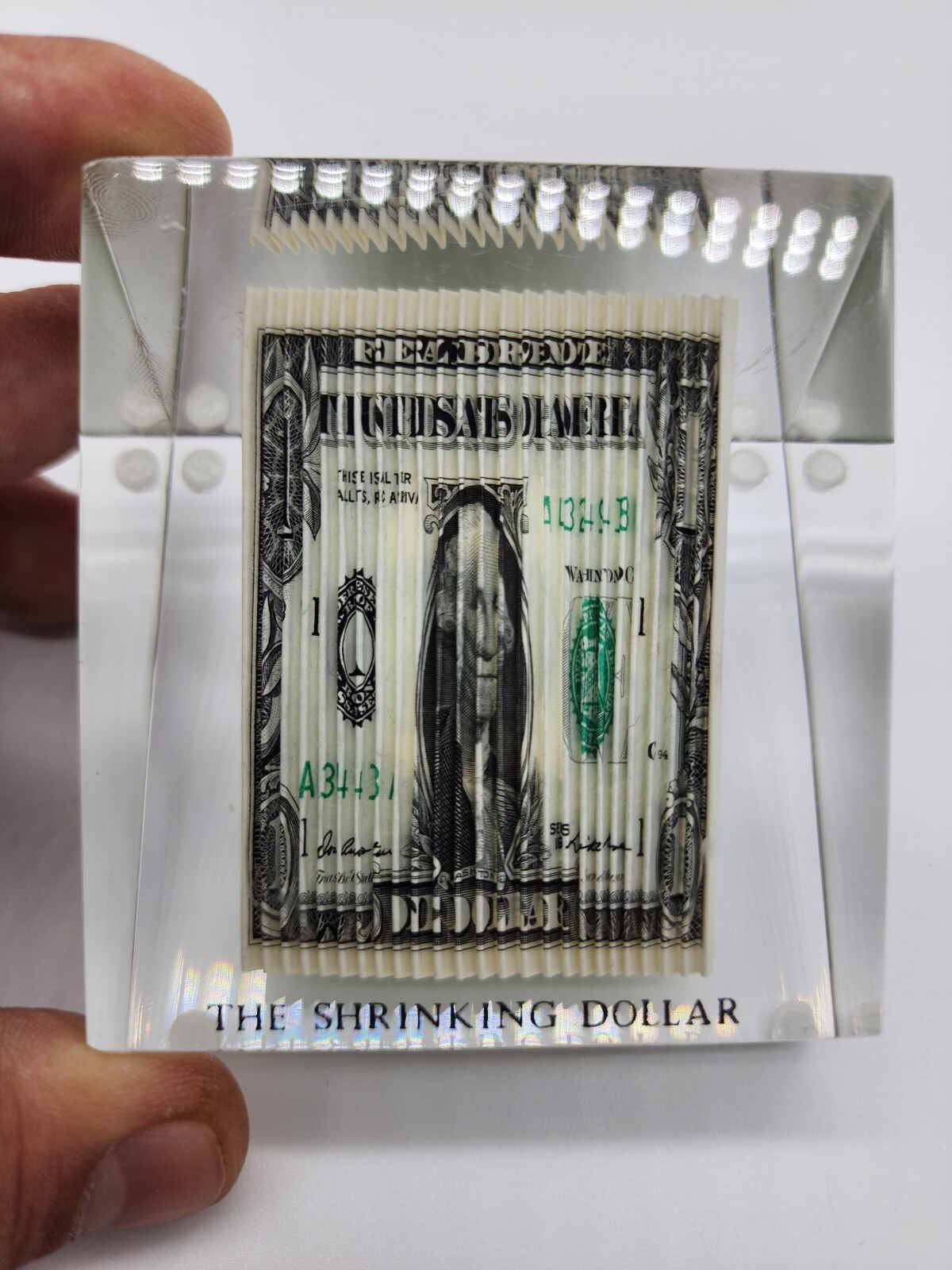 The Shrinking Dollar - Vintage Paperweight in Thick Lucite Block - Real ...