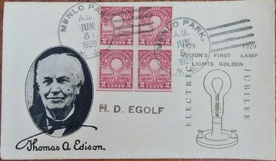 1929 Scott #654 Edison 2¢ FDC Block of 4 - Menlo Park Egolf cachet | eBay