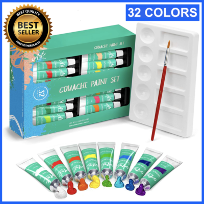 Gouache Paint Set 32 Painting Colors Kit W/ Paintbrush & Painters ...