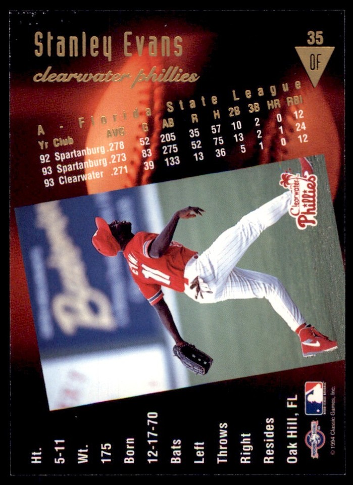 1994 Classic Best Gold Stanley Evans Clearwater Phillies #35 1101 | eBay