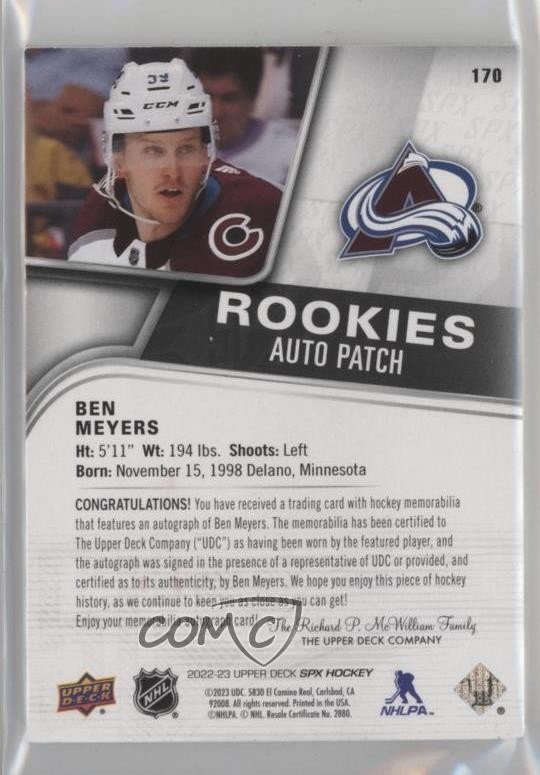 2022-23 SPx Rookies Auto Patch /49 Ben Meyers #170 RPA Rookie Patch ...