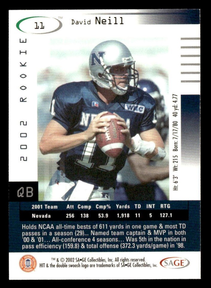 David Neill 2002 SAGE HIT Card #11 Nevada Wolf Pack | eBay