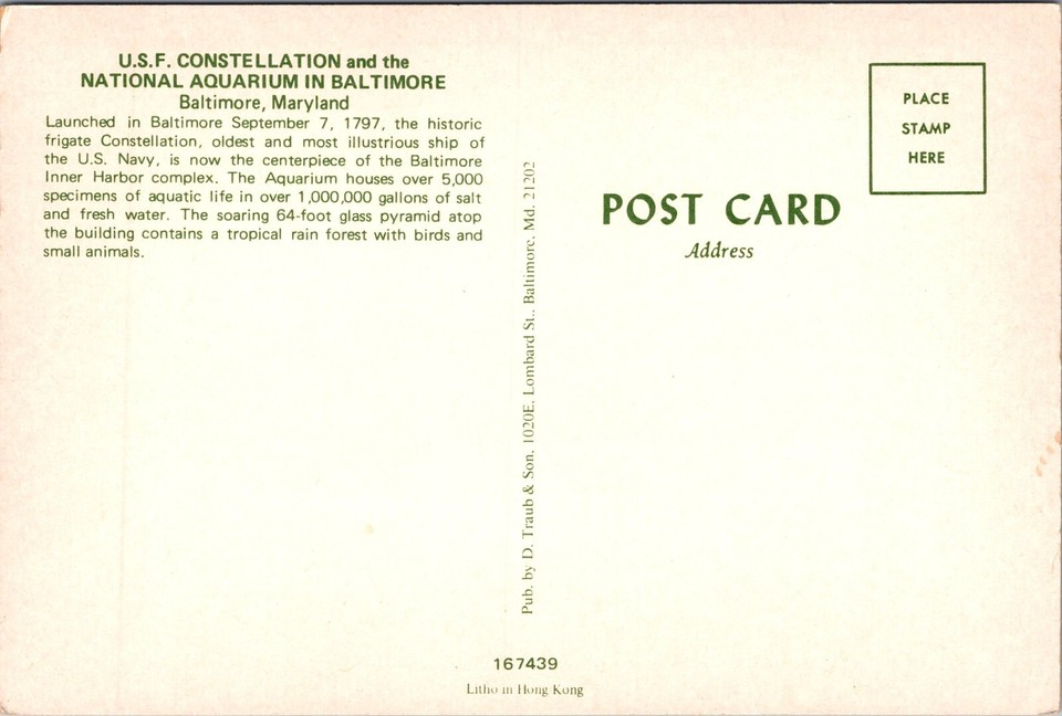 Postcard Baltimore MD USF Constellation at National Aquarium Baltimore ...
