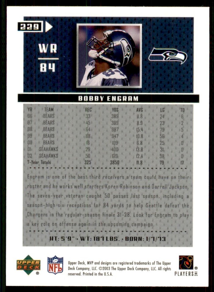 2003 Upper Deck MVP Bobby Engram Seattle Seahawks #229 NFL Football ...