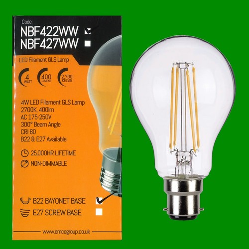 4x 4W (=40W) Clear LED Filament GLS, BC B22 Bayonet Cap, 2700K, Light ...
