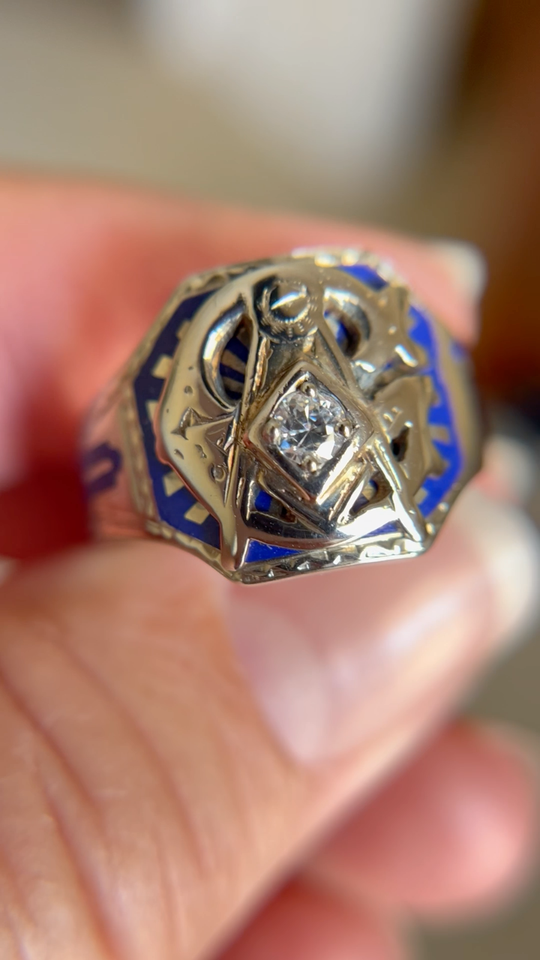 Vintage Heavy 14K White Gold Masonic Ring, .10ct Diamond, Blue Enamel ...