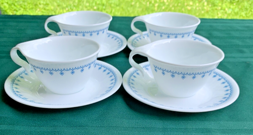 Corelle Snowflake Blue Dishes Open Handled Cups & Saucers 4 Sets 8 ...