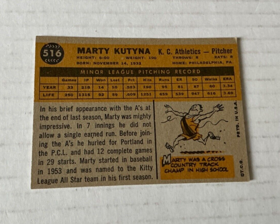 MARTY KUTYNA 1960 TOPPS VINTAGE BASEBALL CARD - #516 ATHLETICS - VG.EX ...