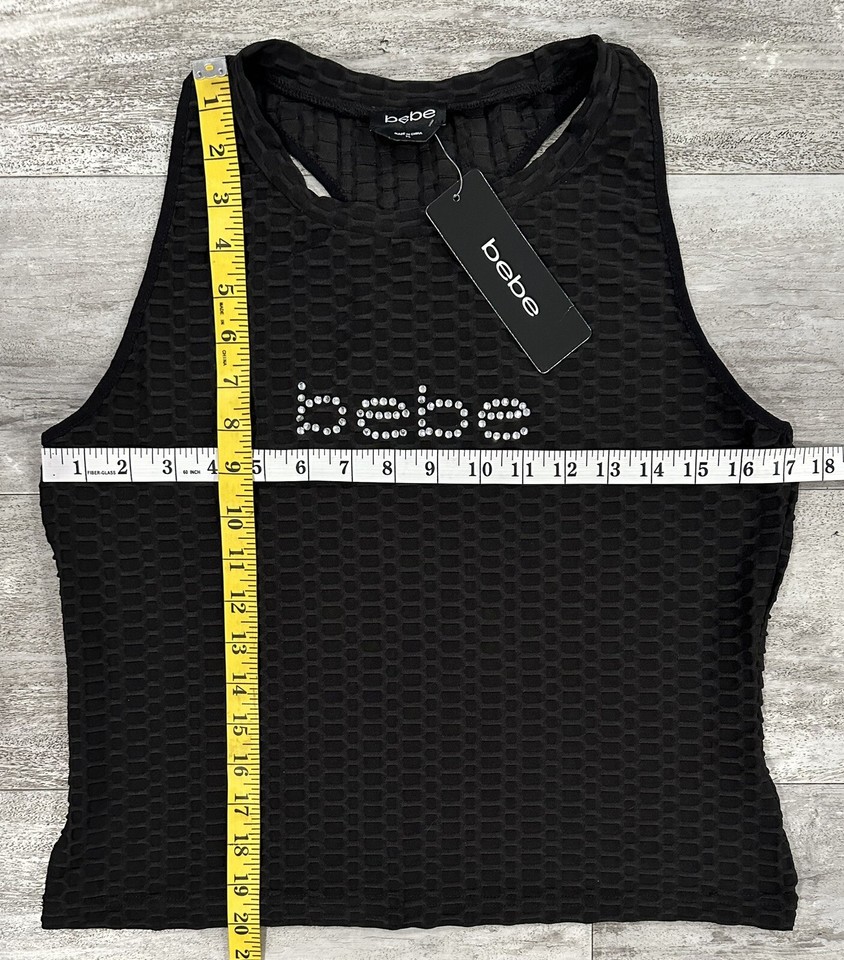 Bebe Ribbed Rhinestone Bling Logo Tank Top Stretchy Jet Black Size XL ...