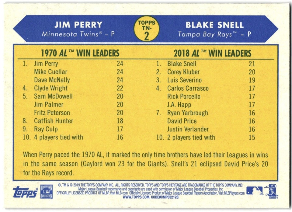 2019 Topps Heritage Jim Perry Blake Snell Then and Now Twins Rays #TN-2 ...