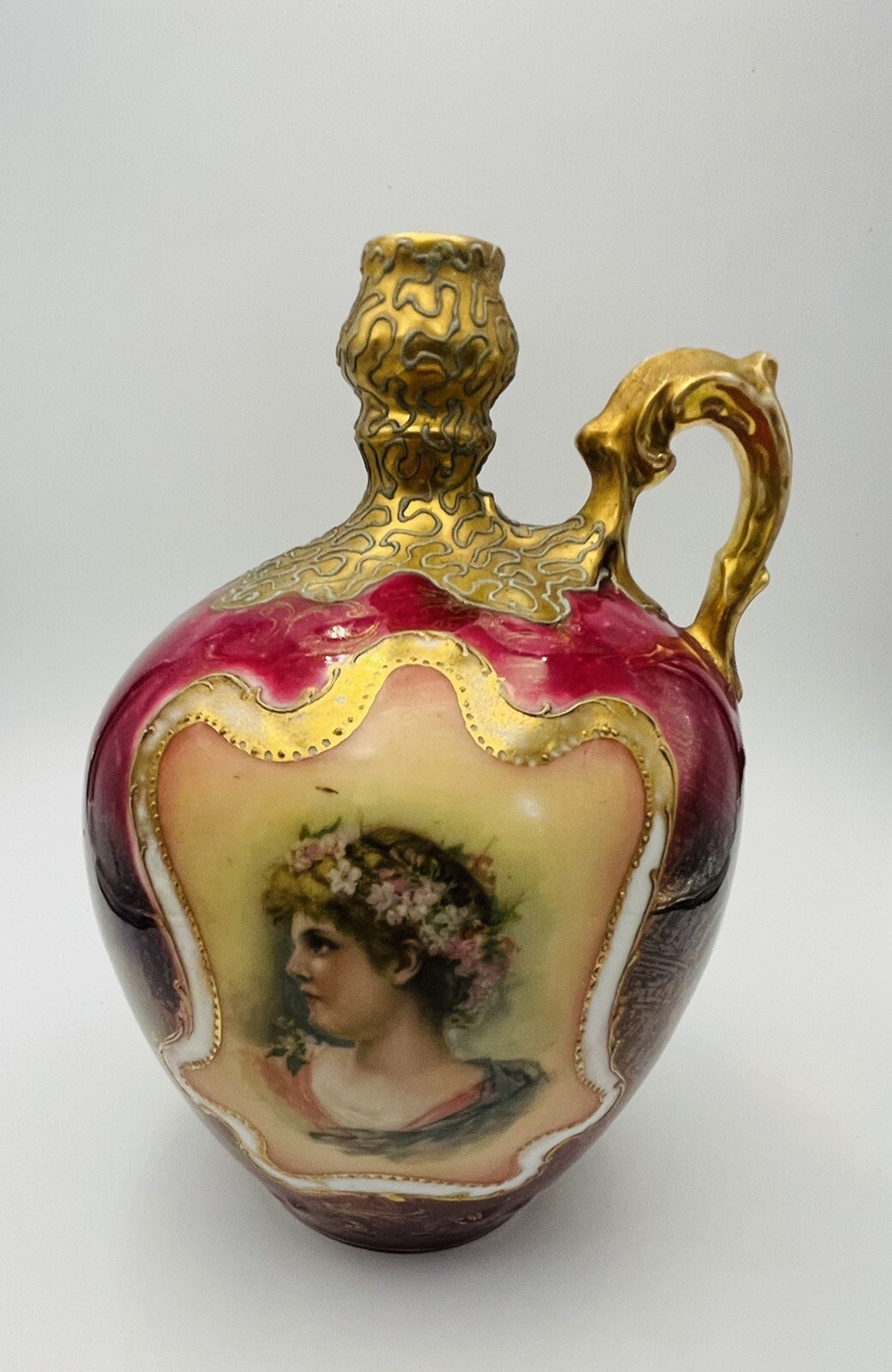 Royal Saxe Art Nouveau Portrait Lady Vase Burgundy Red Gold 7.5 ...