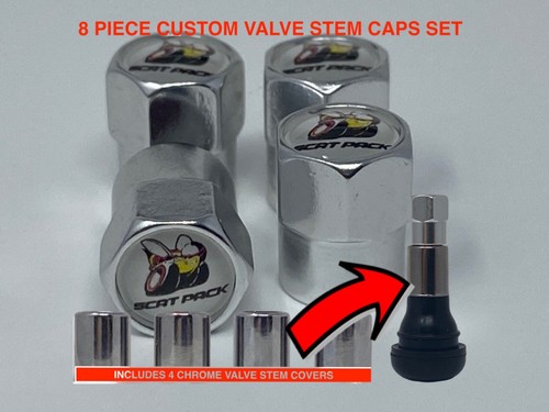 Scat Pack white on Chrome Metal Tire Valve Stem Caps | eBay