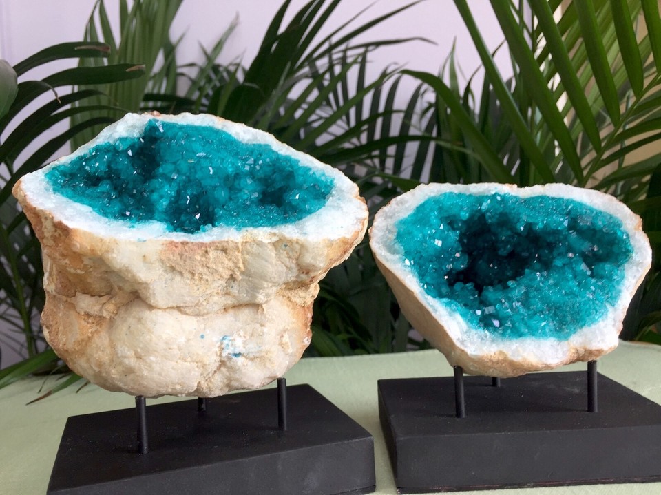 Large Geode Crystal Quartz Specimen Open Geode Pair W/Stands Morocco ...