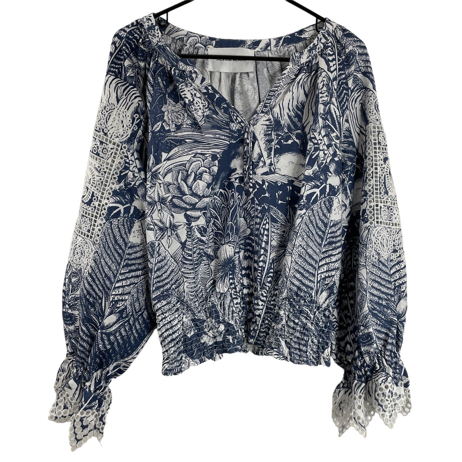 Silvian Heach Blouse Women's 42 Blue White Resort Millicent Printed Trumpet Cuff | eBay