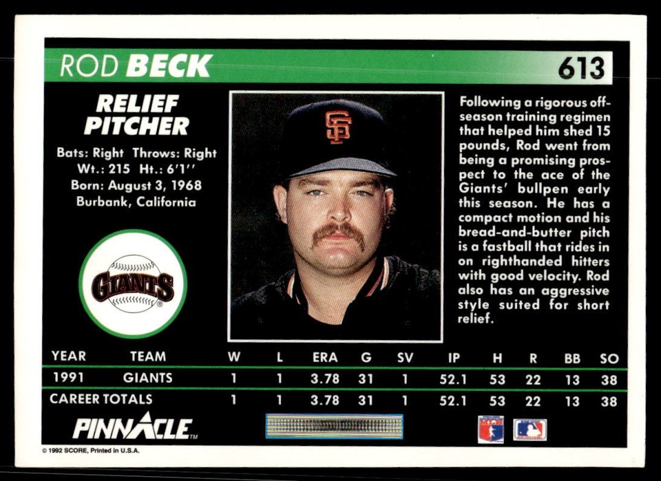 1992 Pinnacle 613 Rod Beck San Francisco Giants Rookie Baseball Card | eBay