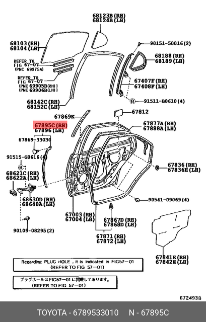 Original weatherstrip rear door no.3 right 6789533010 for TOYOTA 67895 ...