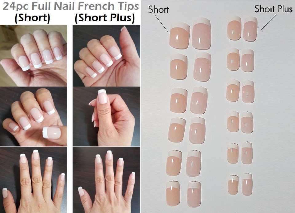24pc Square French Tips Full Nails Cover Press On Toe Stick DIY Cute ...