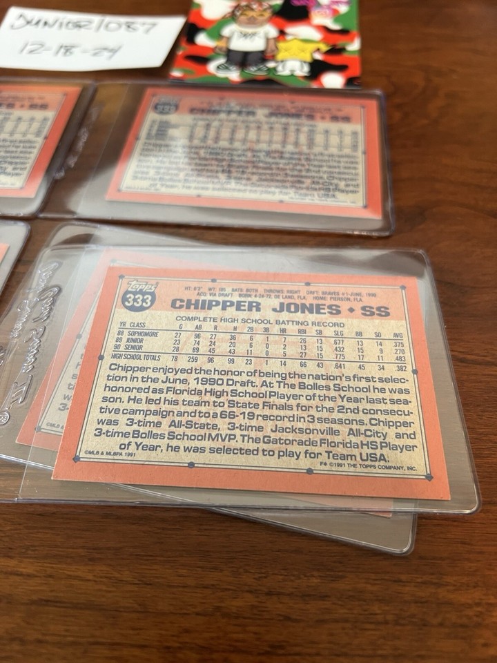 1991 TOPPS CHIPPER JONES ROOKIE CARDS #1 Draft Pick! Flawless Condition ...