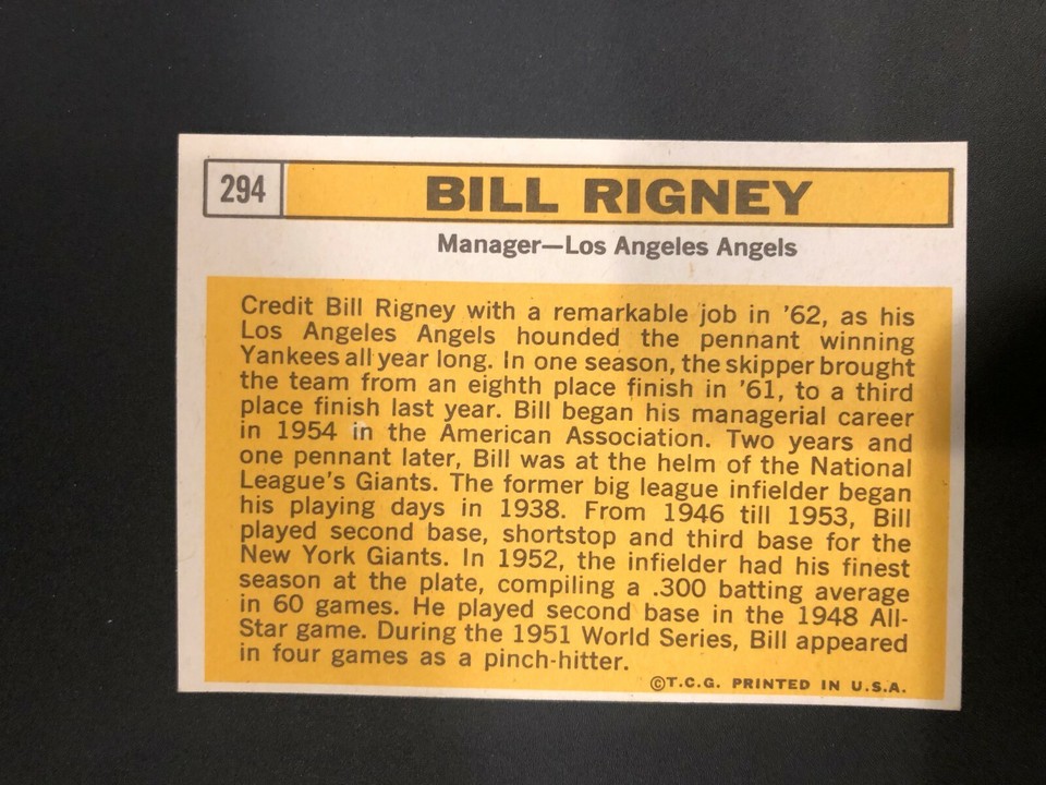 1963 Topps Baseball Bill Rigney Manager Card # 1294 Los Angeles Angeles ...