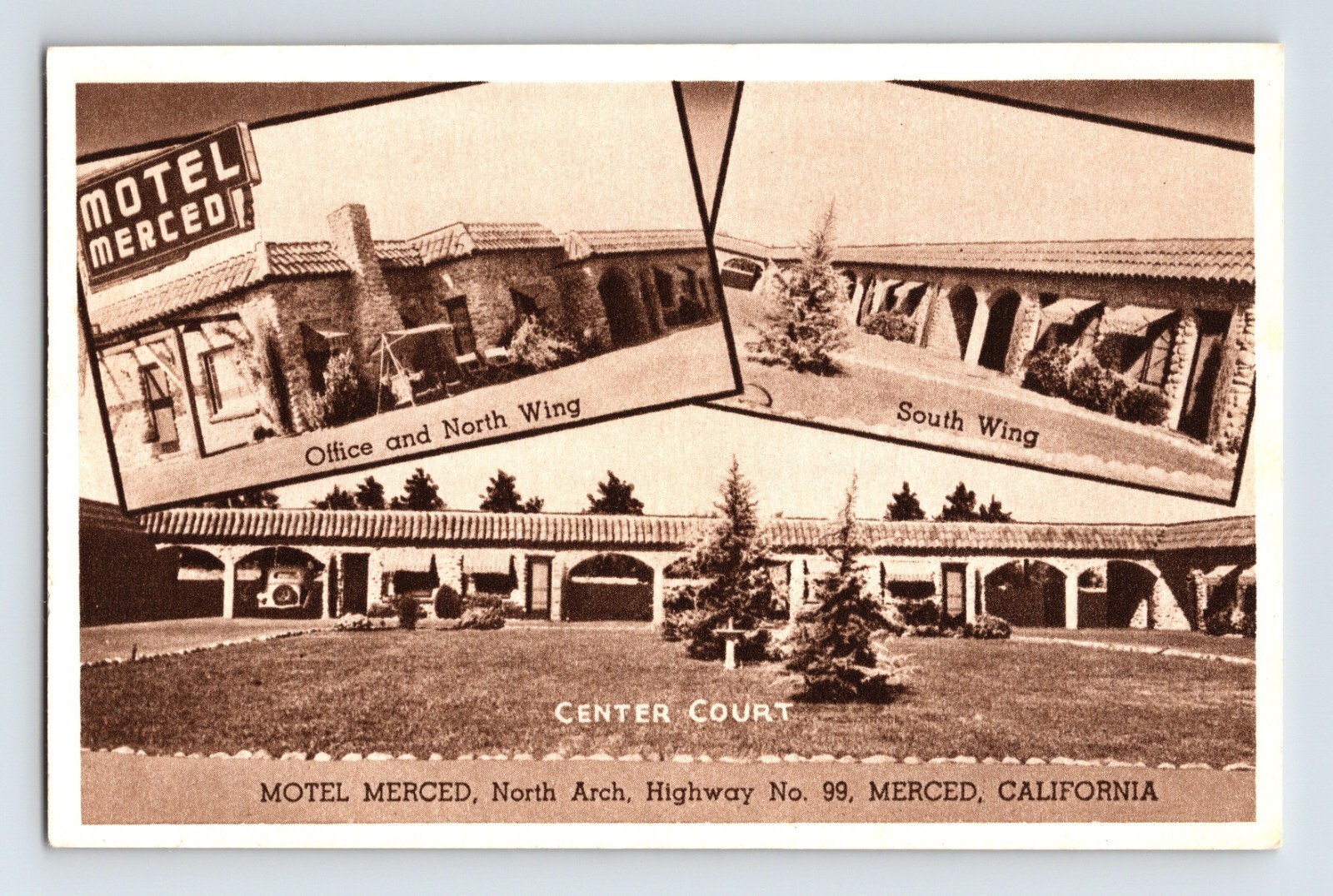 Postcard California Merced CA Motel Highway 99 Multi View Sepia 1940s ...