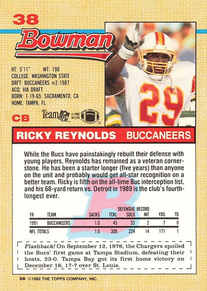 1992 Bowman #38 Ricky Reynolds Tampa Bay Buccaneers | eBay