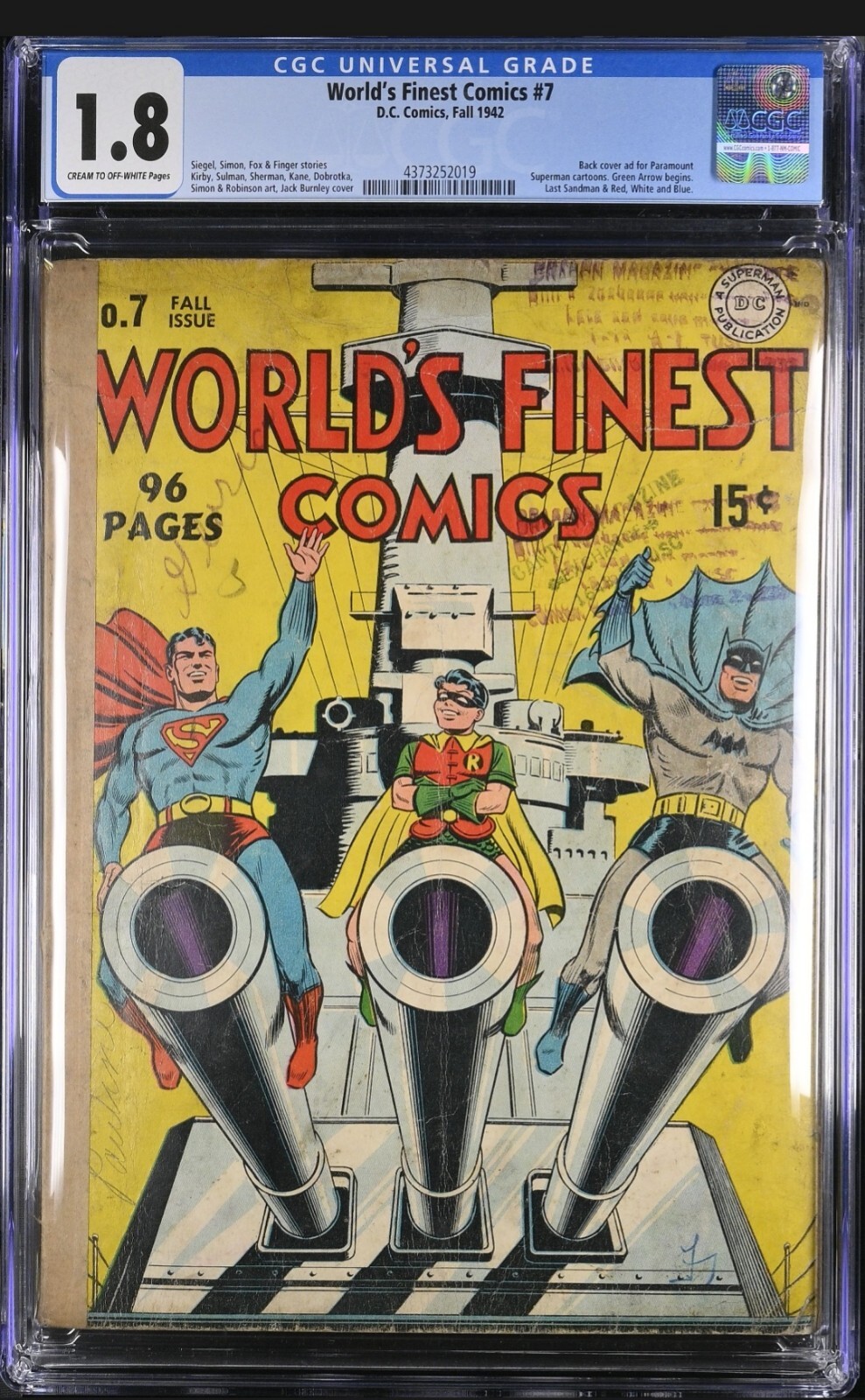 World's Finest Comics #7 CGC 1.8 (1942) Batman Superman Robin Sandman ...