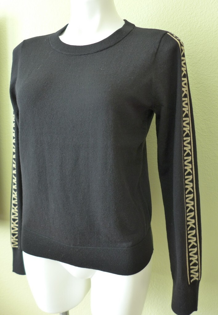 NWT Michael Kors Gold Metallic MK Logo Detail Sweater Crew Neck M Black ...