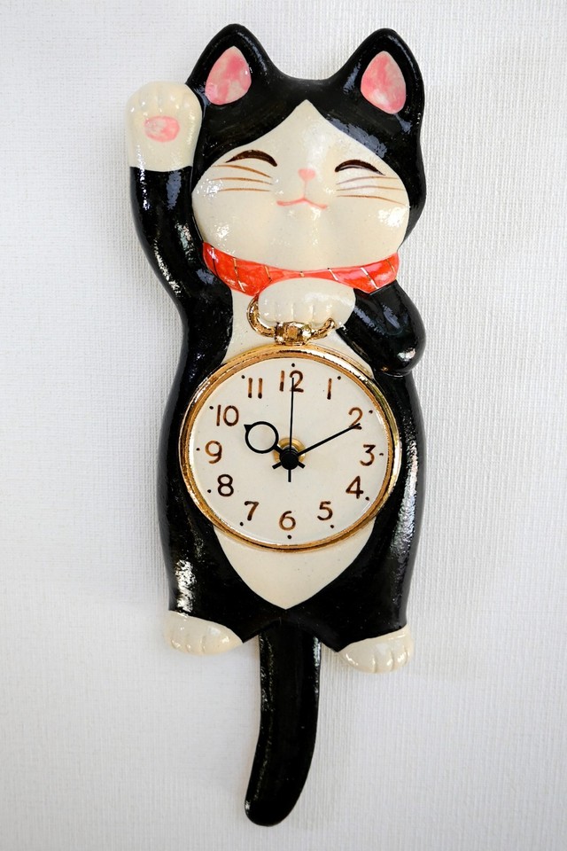 Japan Lucky Cat Manekineko Pendulum Wall Clock Hachi Black&White Seto ...