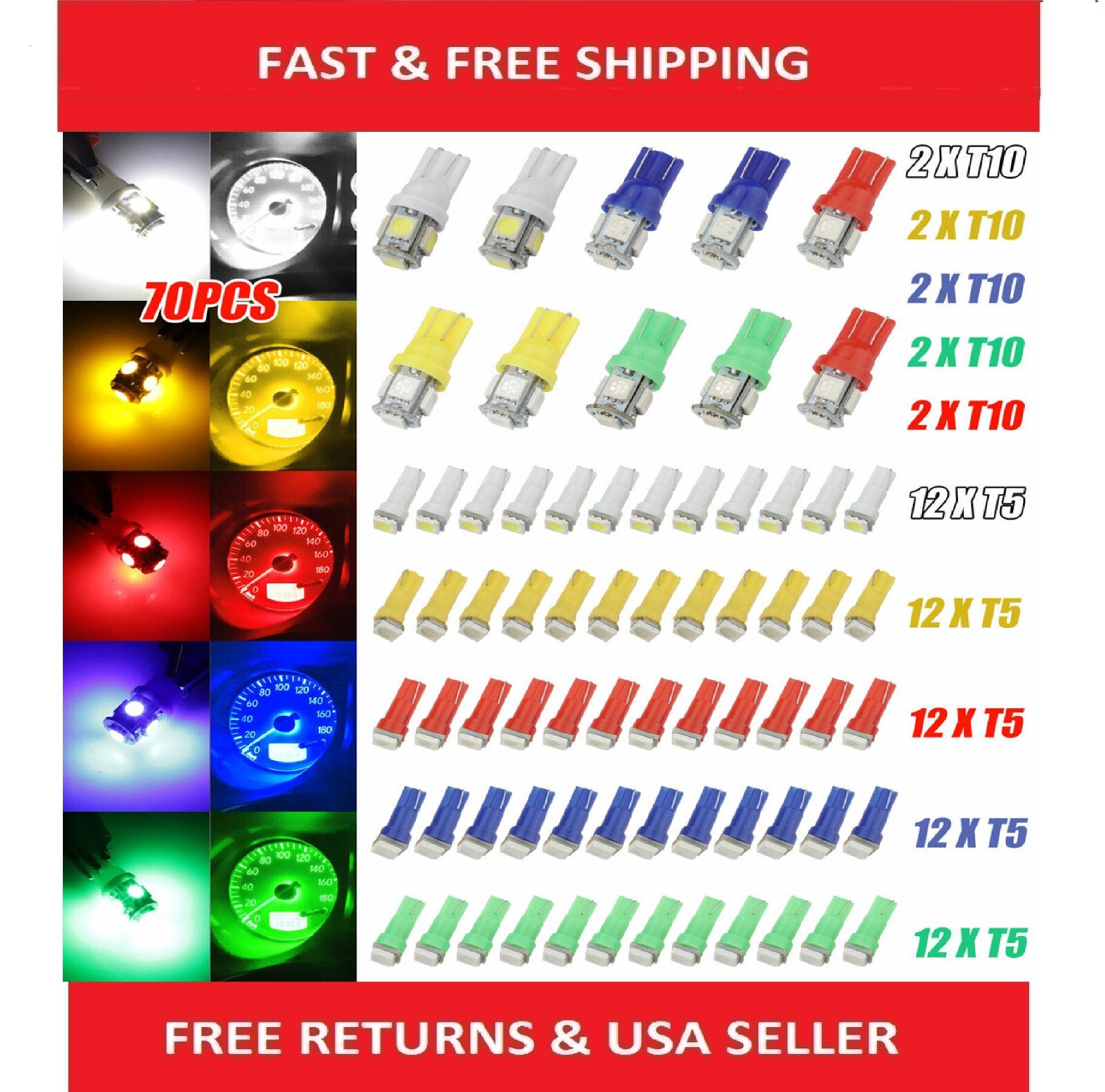 70Pcs Car T5+T10 5050SMD LED Instrument Panel Cluster Dash Light Bulbs ...
