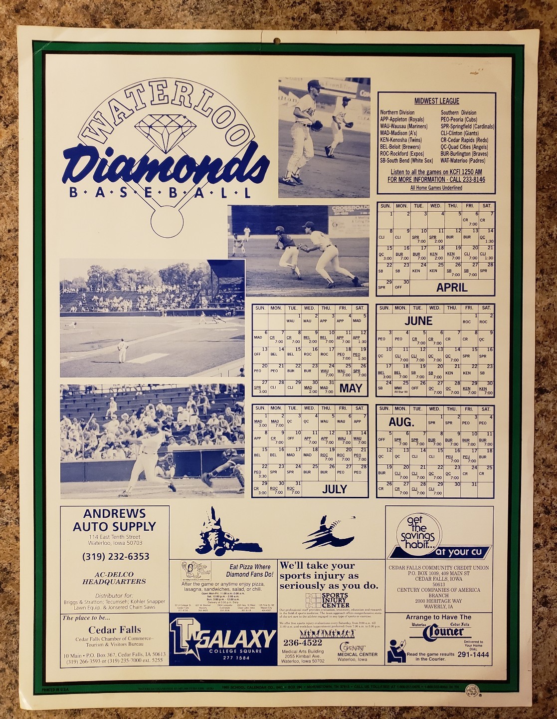 1988 Waterloo (Iowa) Diamonds Defunct Minor League Baseball Team Wall ...