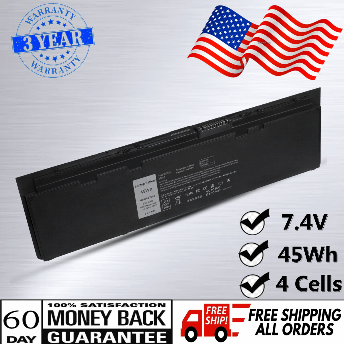 E7240 Battery for Dell Latitude E7250 VFV59 F3G33 451-BBFW 451-BBFX ...