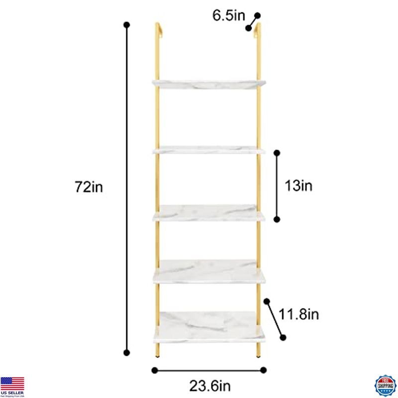 2PCS 5-Tier White Marble Ladder Shelf Wall-Mounted Wood Rack Plant ...