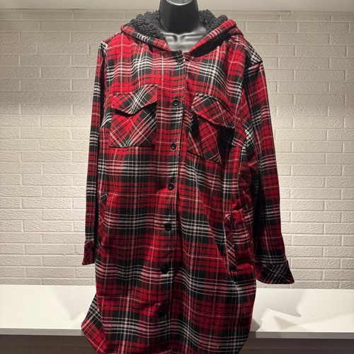 Torrid Plus Size 3 Red Black Plaid Sherpa Lined Hooded Long Shacket ...
