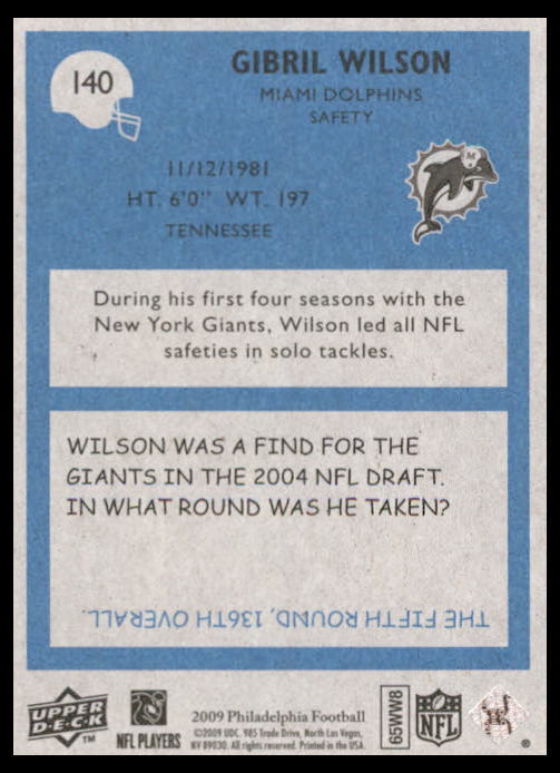 2009 Philadelphia #140 Gibril Wilson Miami Dolphins Football Card | eBay