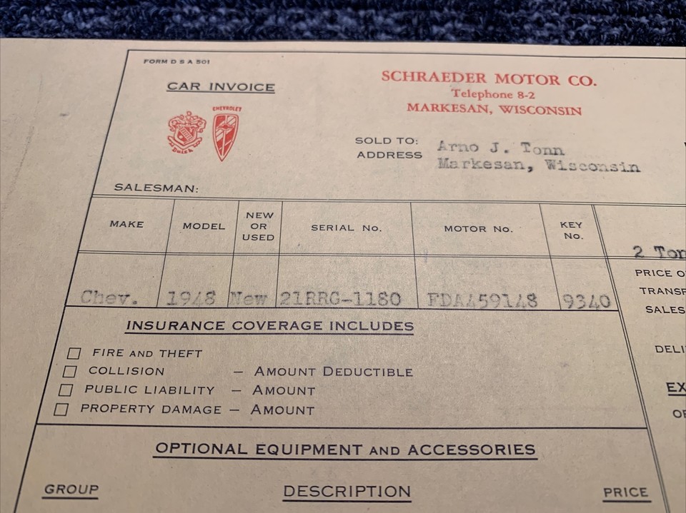 Vtg 1948 Chevrolet New Auto Dealer Sales Receipt Car Dealership Invoice ...