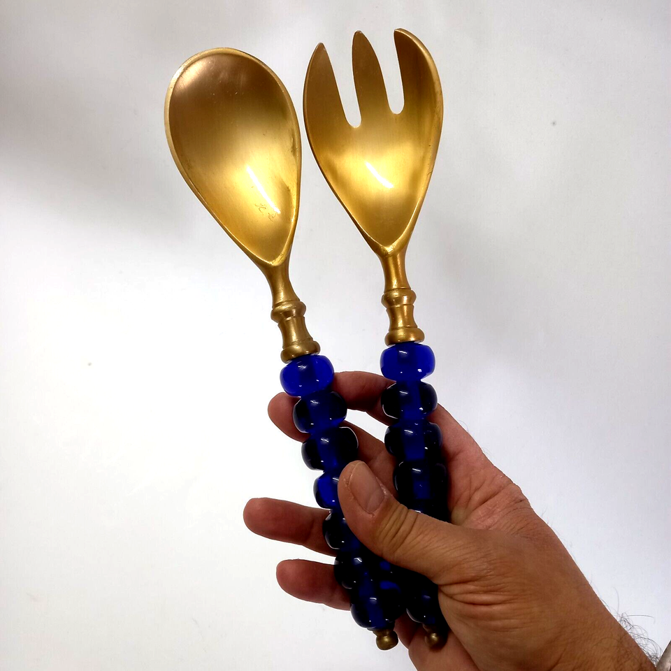 Salad Serving Spoon Fork Set Vintage Art Handles Blue Glass Pampered Chef No Box | eBay