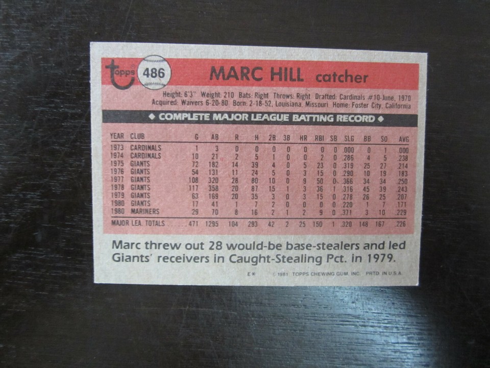 1981 Topps # 486 Marc Hill Autograph Signed Card (M) Seattle Mariners ...