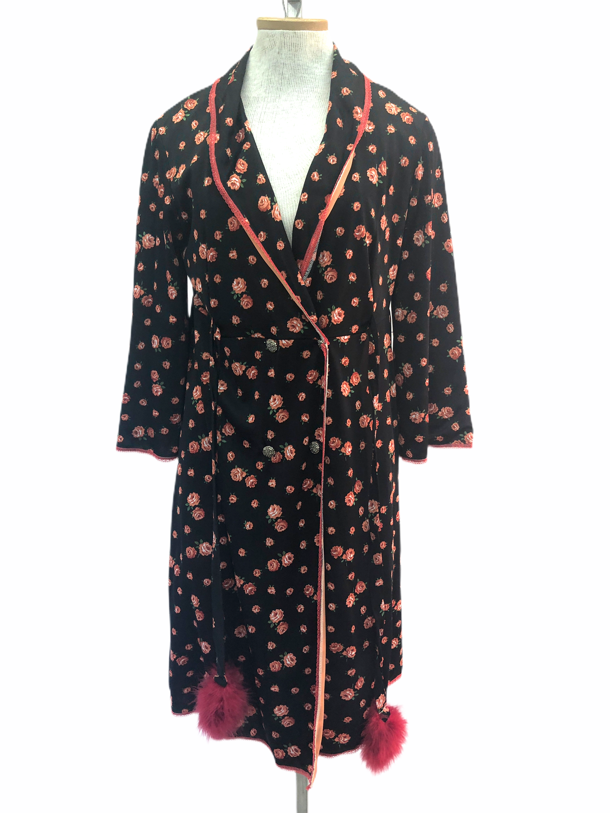 Vintage VTG 1970s 70s Black Floral Robe Dress with Marabou Feather Ties ...