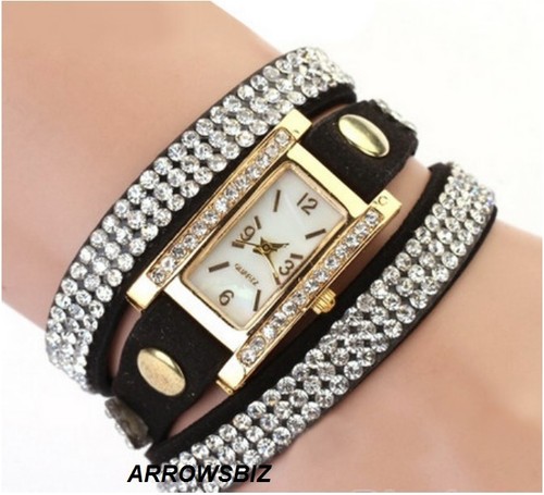 Ladies Multilayer Rhinestone Rectangular Dial Leather Bracelet Dress ...