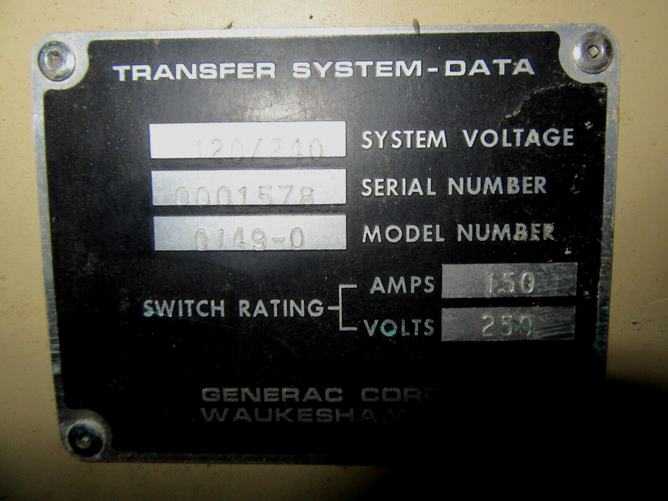 150 AMP GENERAC GTS ATS AUTOMATIC TRANSFER SWITCH 250 V 1 PH 2 POLE ...