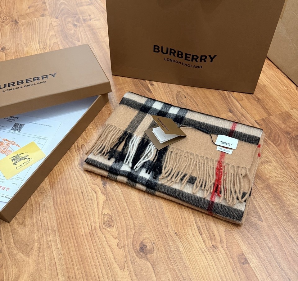 Unisex Burberry Iconic Beige Check Pattern Scarf Box+Bag Set 100% ...
