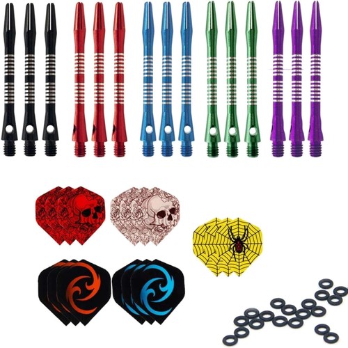 Aluminium Dart Shafts bunt 5er Set mit 5 Flights und Gummiringen für ...