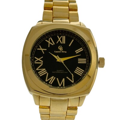 Captain Bling Gold Stainless Steel Watch: Textured Black Dial Roman ...